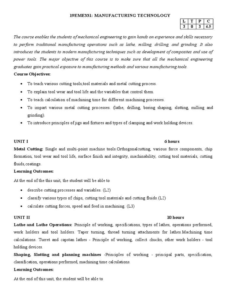 19eme331 - Manufacturing Technology | PDF | Machining | Grinding ...