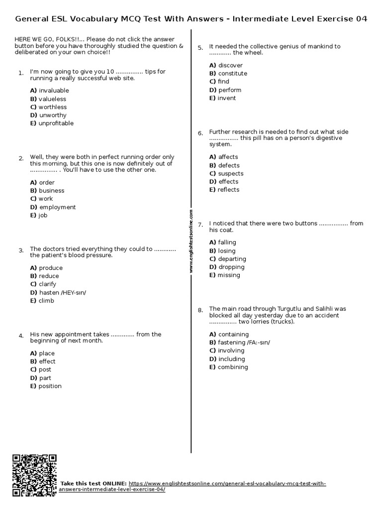 ESL Vocabulary MCQ Test - Intermediate | PDF