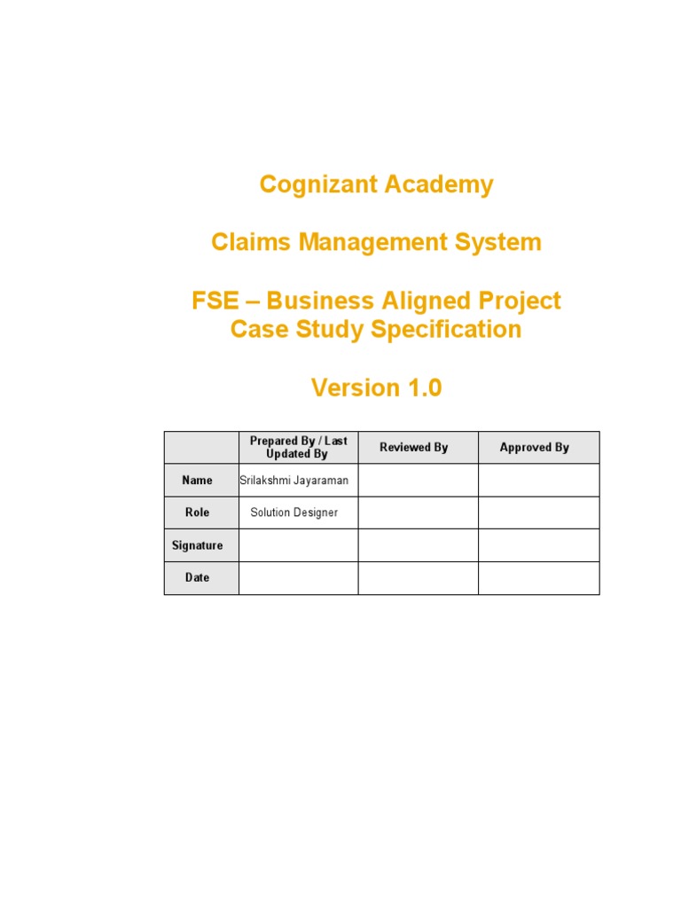 Cognizant Academy Claims Management System FSE - Business Aligned Project Case Study ...