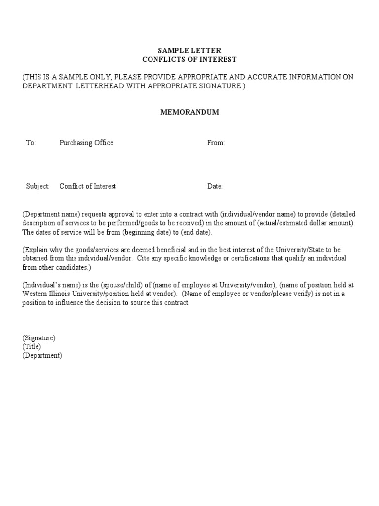 Sample Letter Conflicts of Interest | PDF