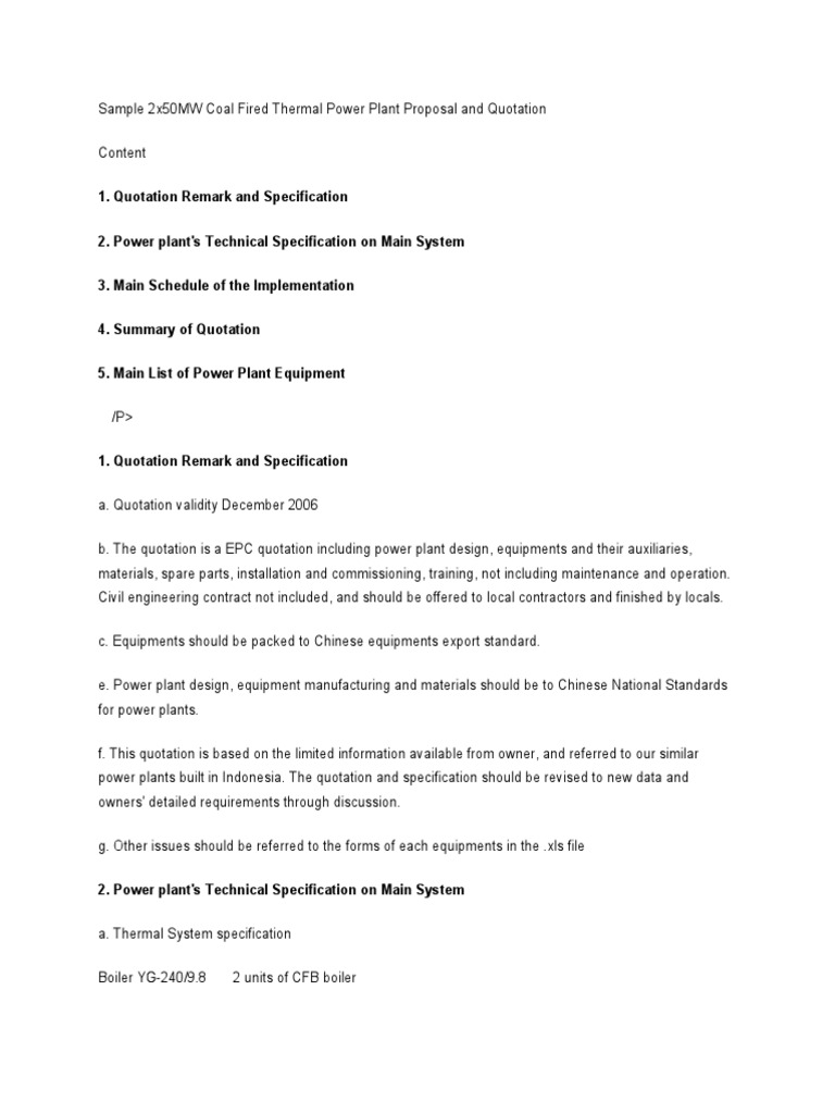 Sample 2x50MW Coal Fired Thermal Power Plant Proposal and Quotation ...