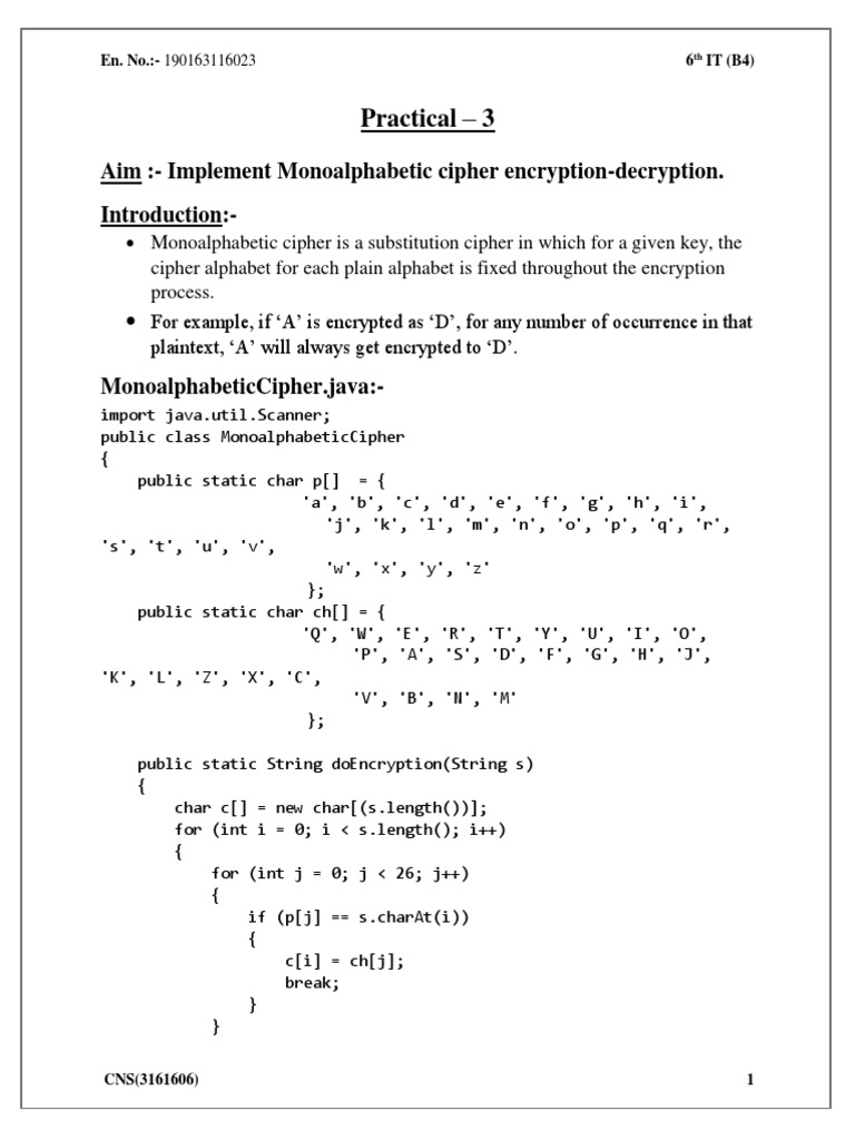 Practical - 3: Aim:-Implement Monoalphabetic Cipher Encryption-Decryption. Introduction | PDF ...