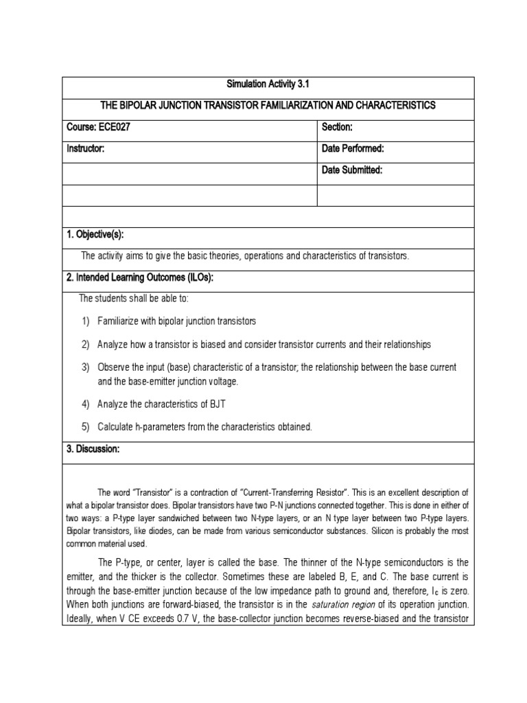 ECE 027 - Simulation Activity 3.1 THE BIPOLAR JUNCTION TRANSISTOR ...