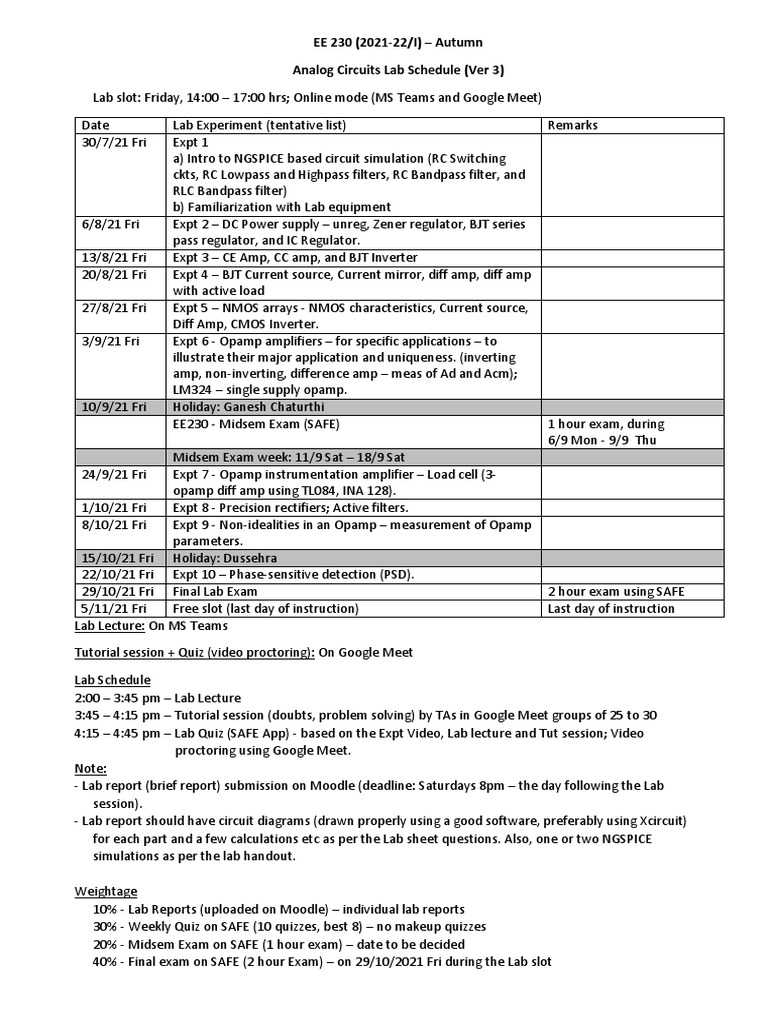 EE 230 (2021-22/I) - Autumn Analog Circuits Lab Schedule (Ver 3) | PDF ...