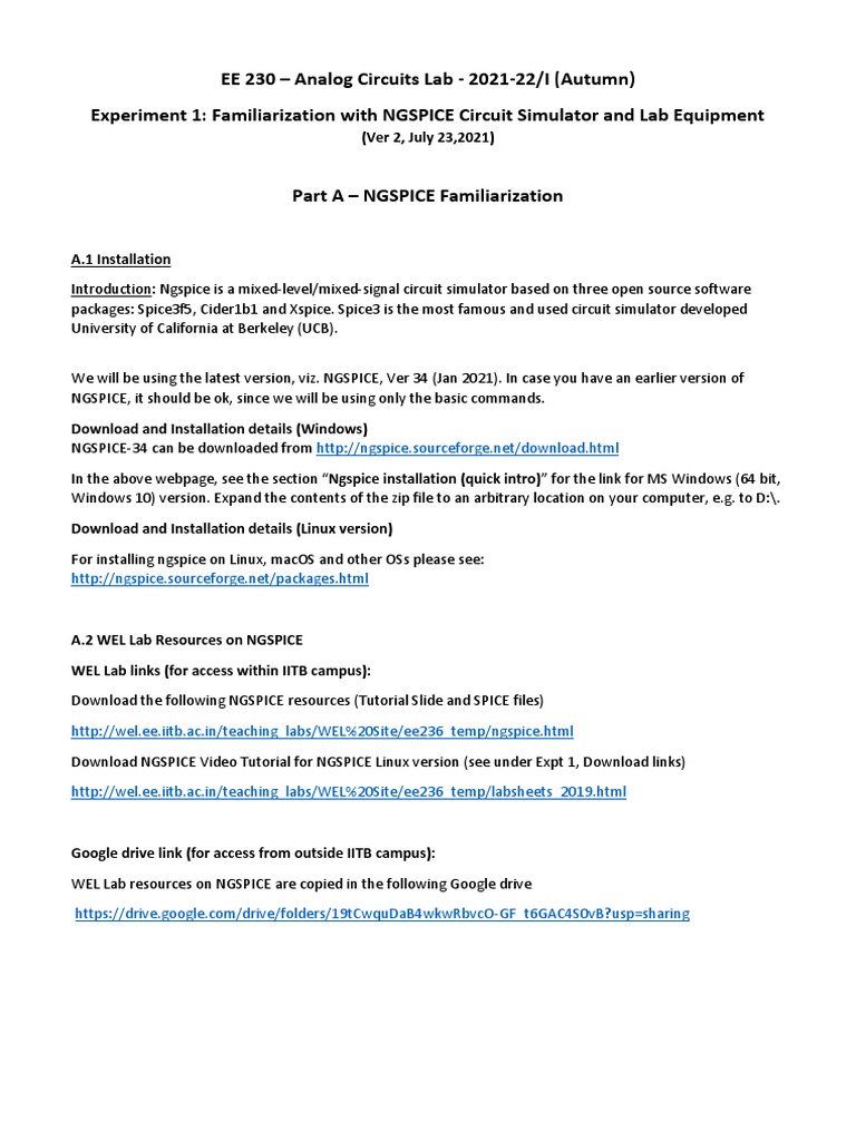EE 230 - Analog Circuits Lab - 2021-22/I (Autumn) Experiment 1: Familiarization With NGSPICE ...