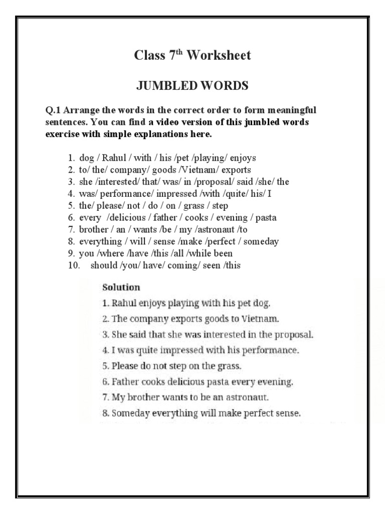 Class 7 Worksheet: Jumbled Words | PDF