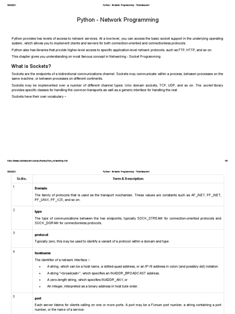 Python Sockets Network Programming Tutorialspoint Pdf Port Computer Networking