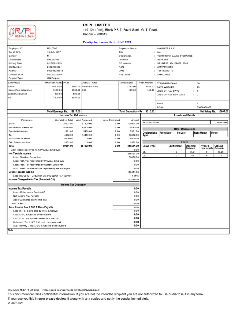 RSPL Limited: Payslip For The Month of JUNE 2021 | PDF | Tax Deduction ...