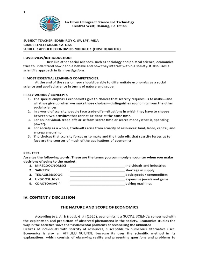 Gas 12 Applied Econ Module 1 | PDF | Supply (Economics) | Demand