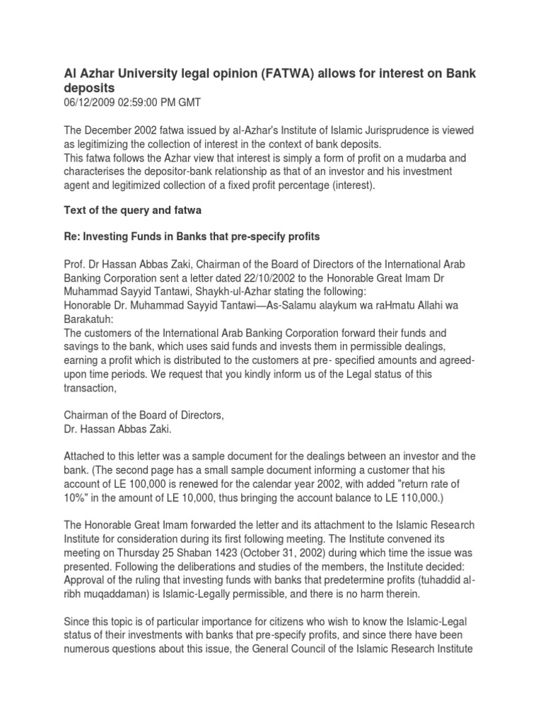 Al Azhar University Legal Opinion | PDF | Fatwa | Banks
