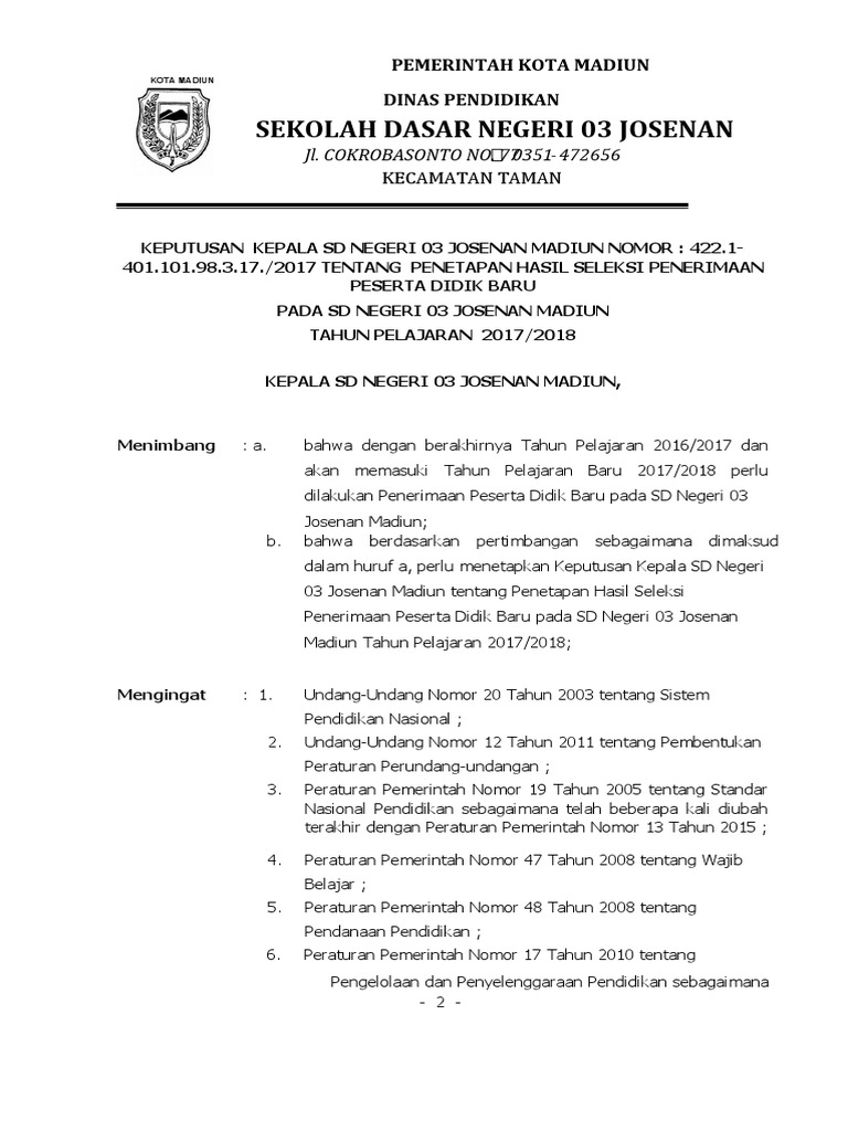 SK Penetapan Hasil PPDB 2017 SD | PDF