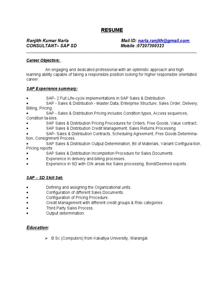 Sap SD Consultant Resume Compress | PDF | Sales | Consultant