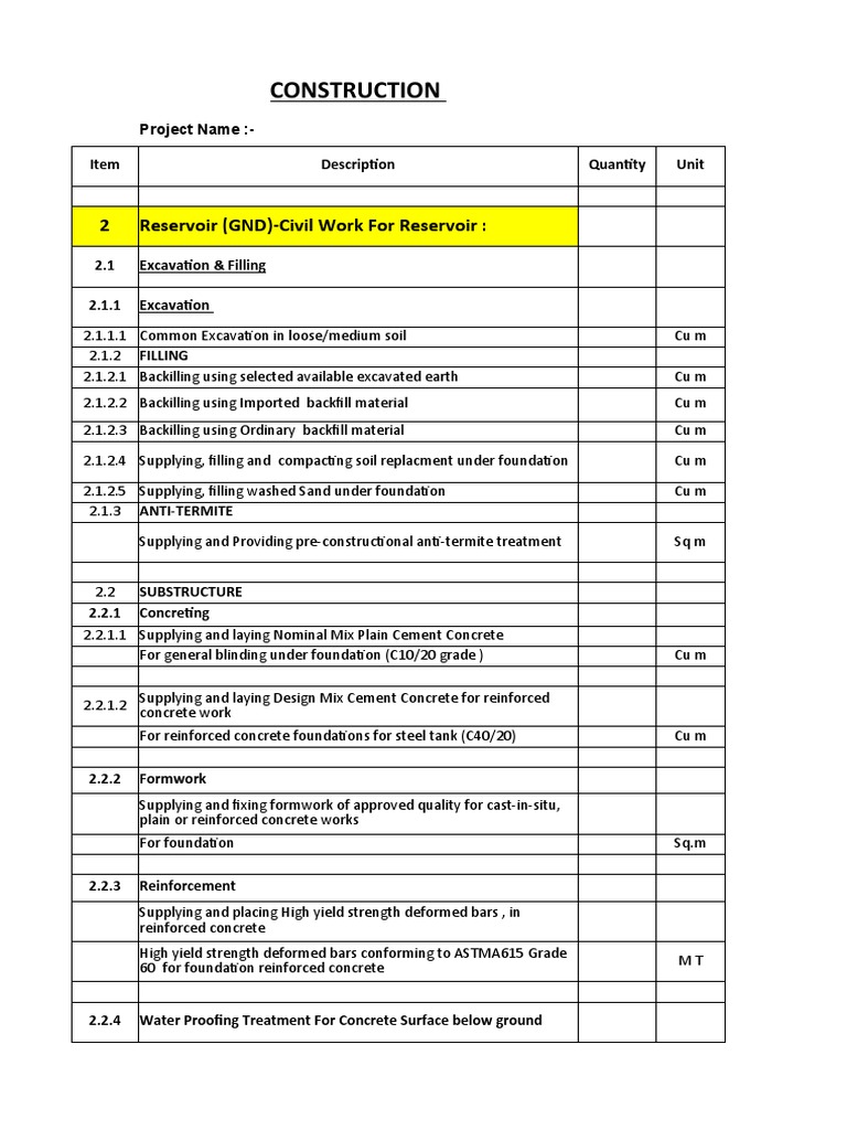 Construction: 2 Reservoir (GND) - Civil Work For Reservoir | PDF ...