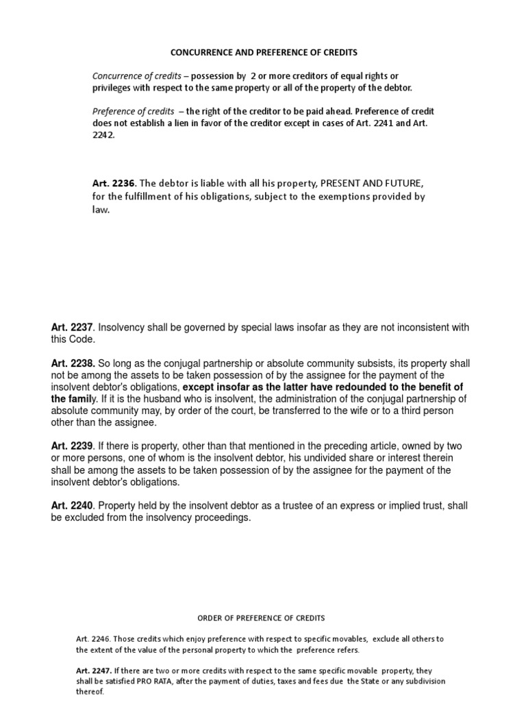 Concurrence and Preference of Credits and FRIA | PDF | Insolvency ...