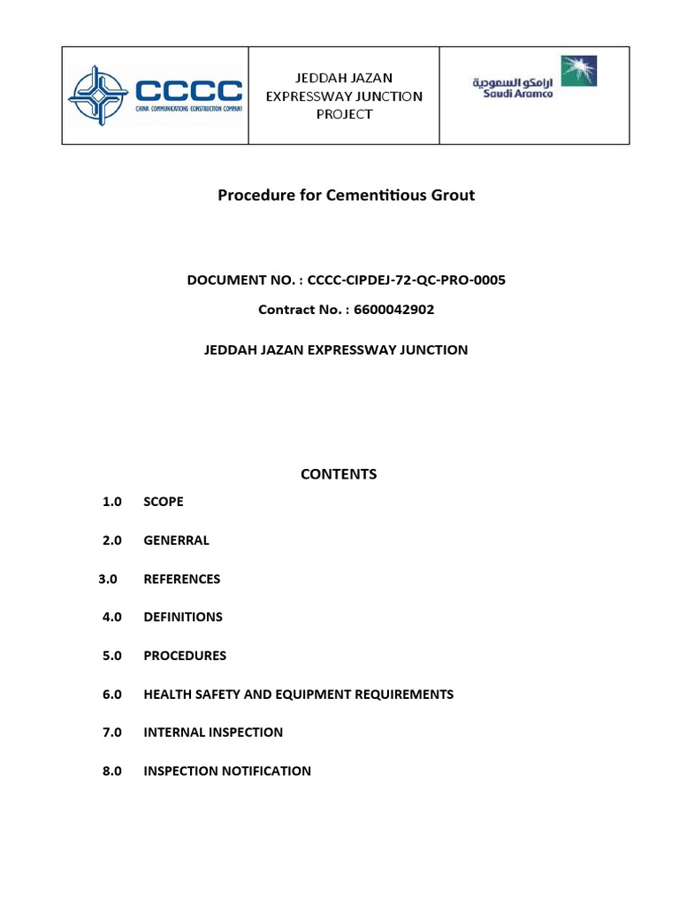 METHOD STATEMENT FOR Grout WORKS | PDF | Quality Assurance | Concrete