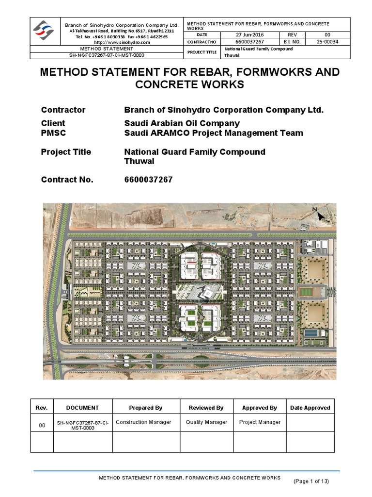 Method Statement For Rebar, Formworks and Concrete Works | PDF ...