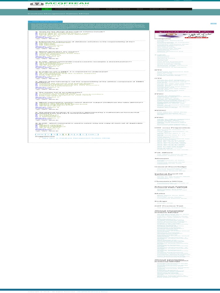 Database Management System MCQS: View Answer | PDF | Databases | Multiple Choice