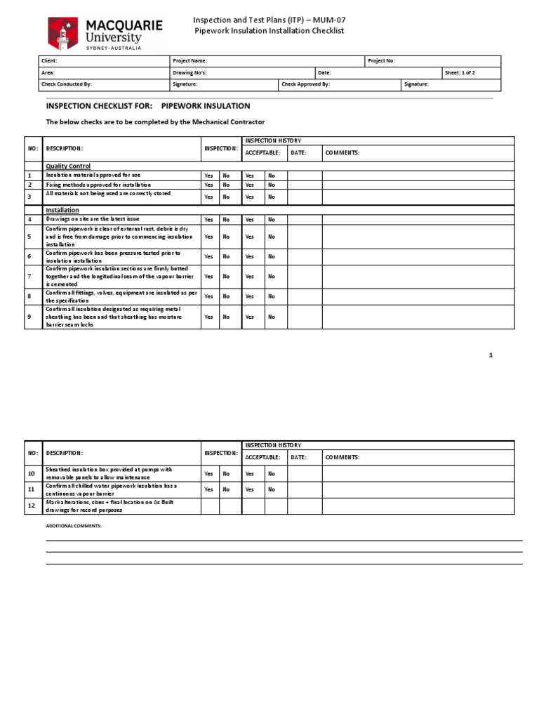 Inspection Checklist For: Pipework Insulation | PDF | Building ...