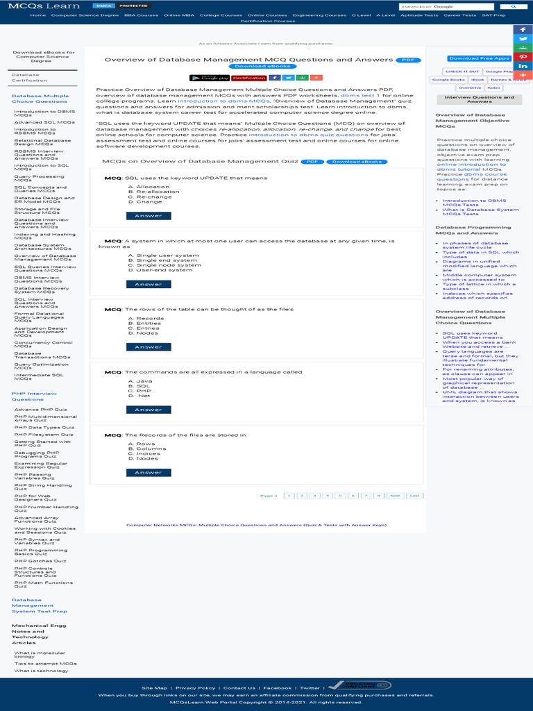 Overview Of Database Management Multiple Choice Questions And Answers