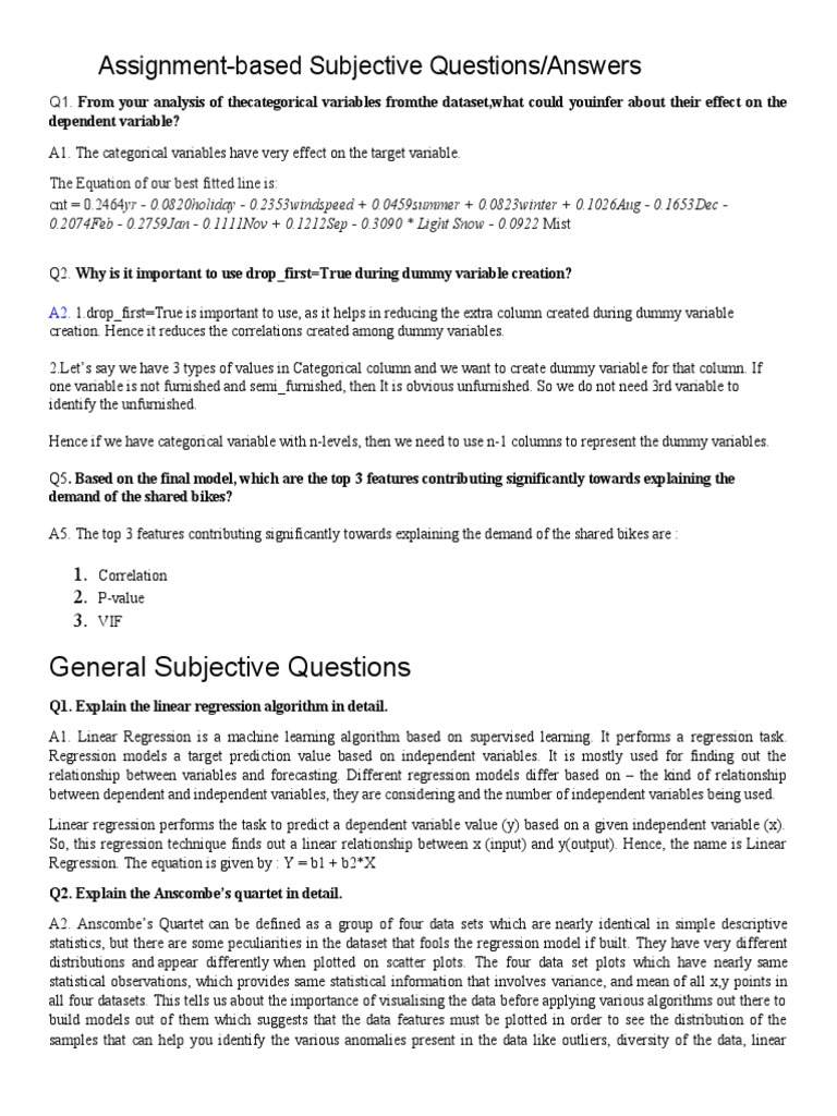 Assignment-Based Subjective Questions/Answers | PDF | Correlation And Dependence | Regression ...