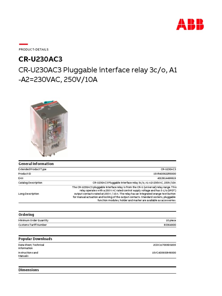 CR-U230AC3: CR-U230AC3 Pluggable Interface Relay 3c/o, A1 - A2 230VAC ...