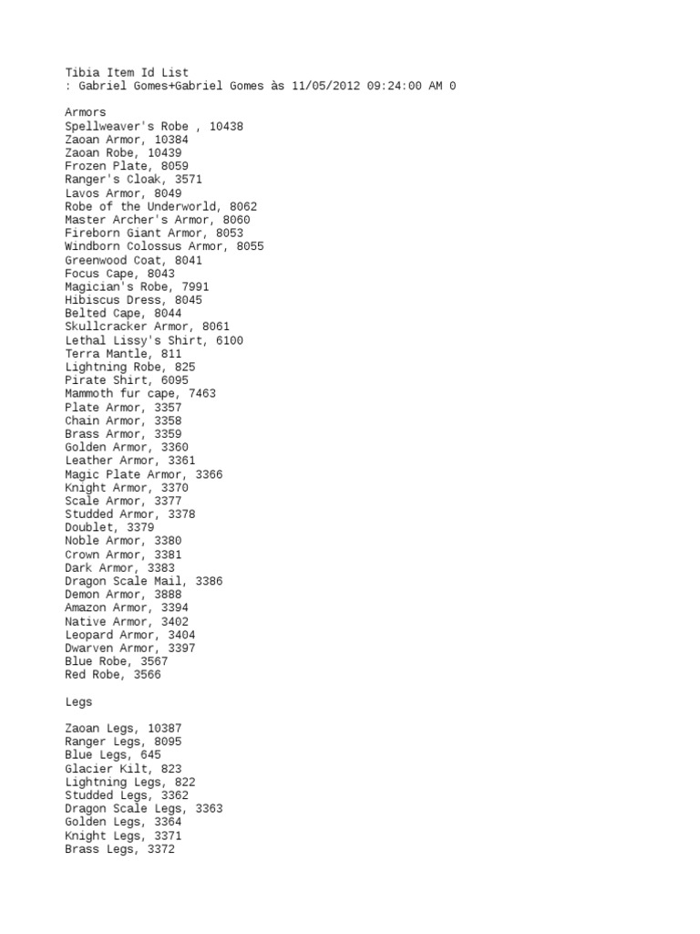 Tibia Item ID Reference Guide | PDF | Sword | Gemstone