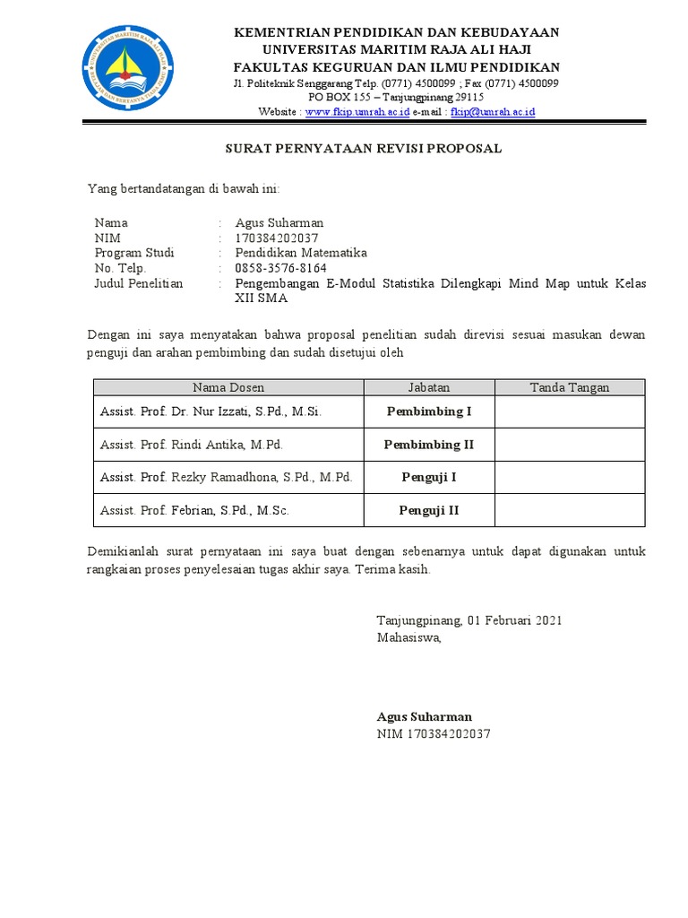 Surat Pernyataan Revisi Proposal | PDF