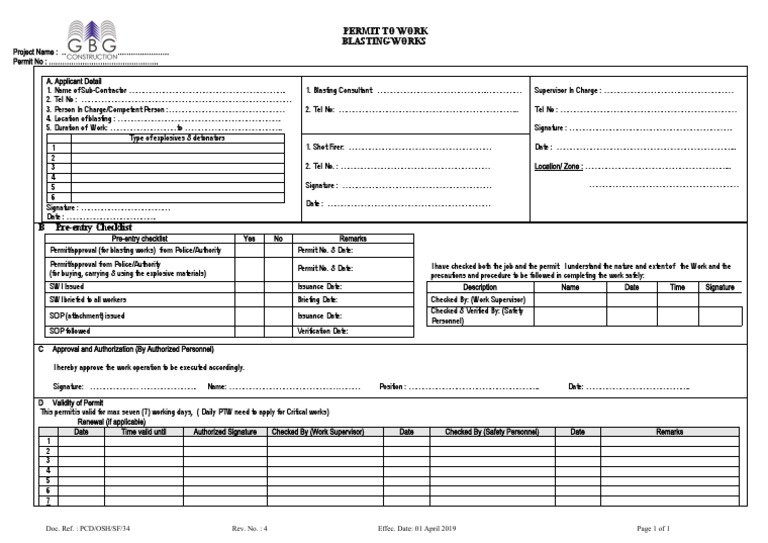 Blasting Work Permit Application | PDF | Hazards