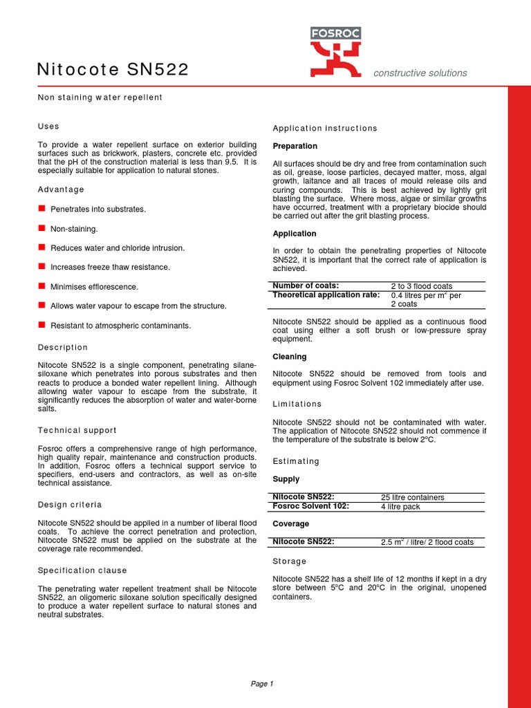 Nitocote SN522: Constructive Solutions | PDF | Water | Concrete