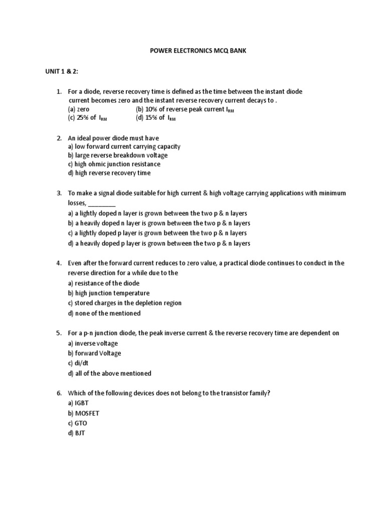 PE MCQ Bank Unit 1 To 4 | PDF | Rectifier | Bipolar Junction Transistor