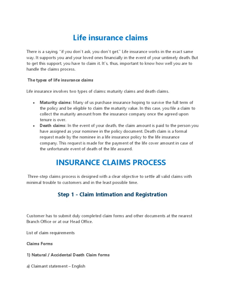 Life Insurance Claims: Step 1 - Claim Intimation and Registration | PDF ...