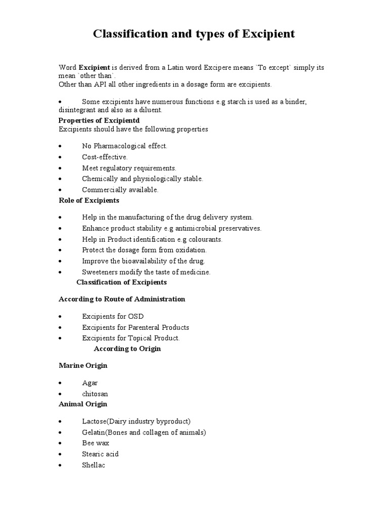 Classification and Types of Excipient | PDF | Cooking, Food & Wine ...
