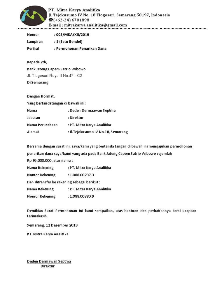 Permohonan Penarikan Dana PT Mitra Karya Analitika | PDF