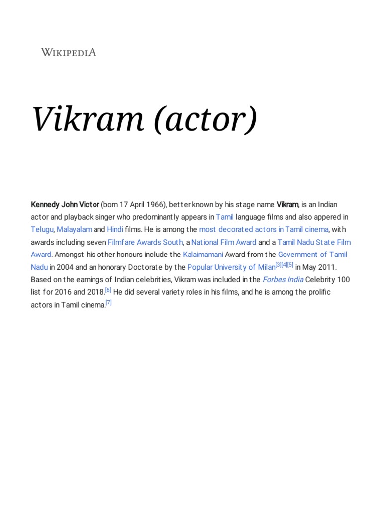 Vikram (Actor) : Kennedy John Victor Vikram | PDF | Tamil Cinema ...