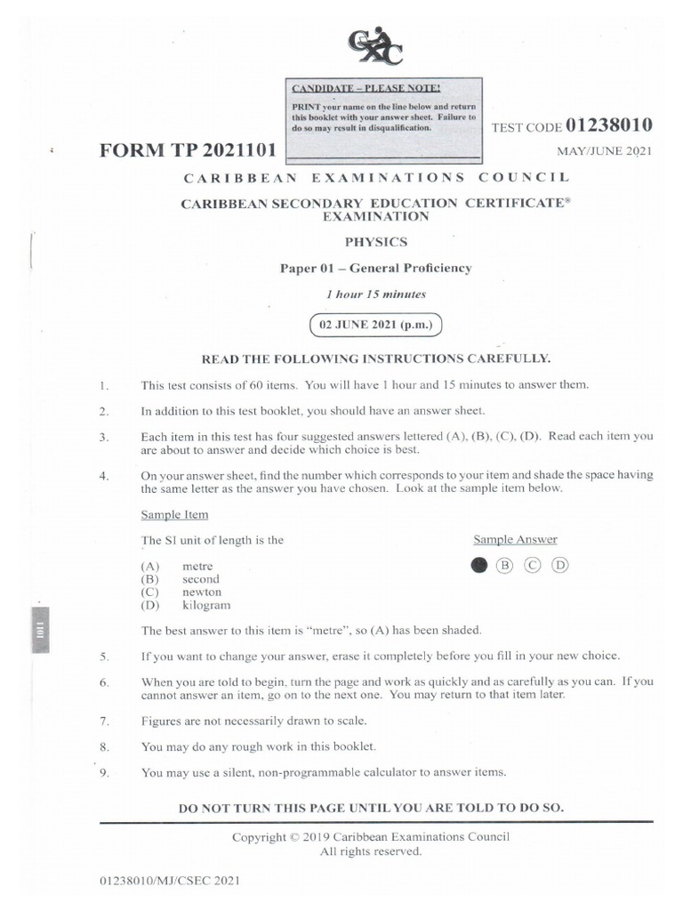 CSEC Physics June 2021 Paper 1 | PDF
