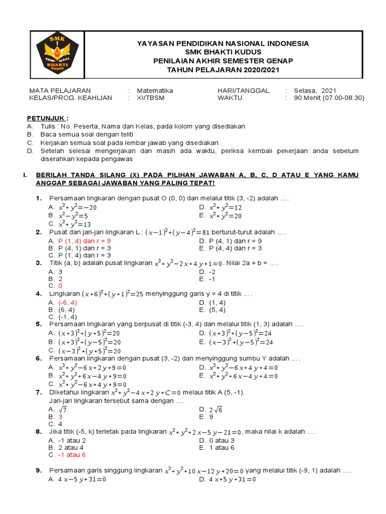 Soal Pas Genap MTK Kelas Xi TBSM 2020-2021 | PDF
