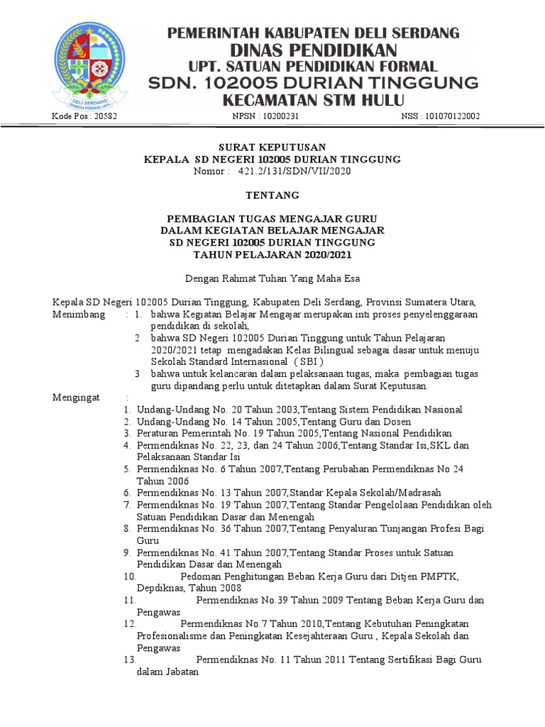 Format SK Pembagian Tugas SD 2020-2021 | PDF