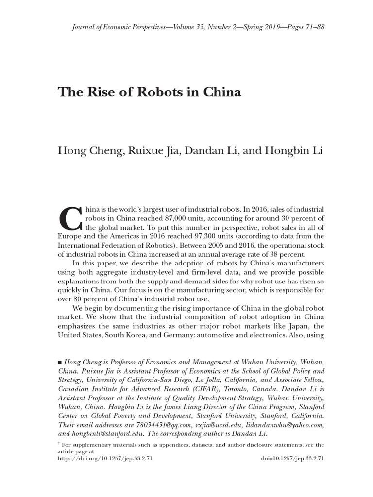 The Rise of Robots in China: Hong Cheng, Ruixue Jia, Dandan Li, and ...
