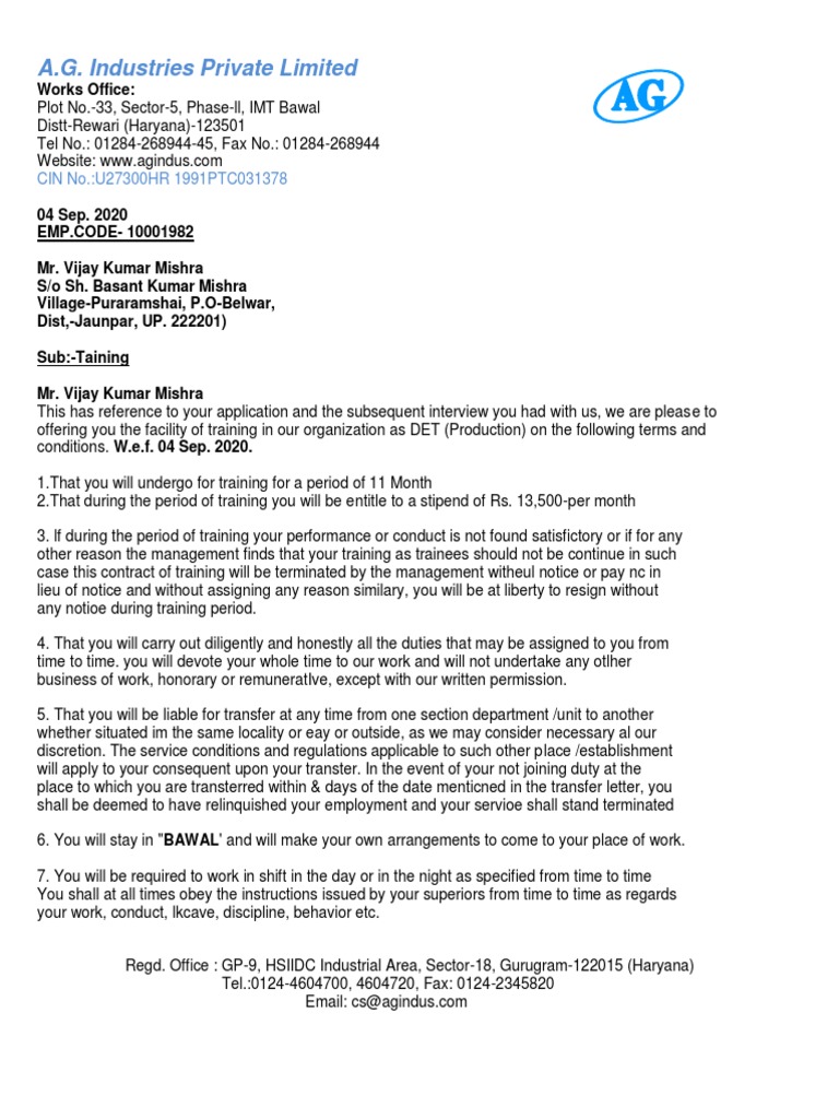 A.G. Industries Training Offer Letter | PDF | Career & Growth