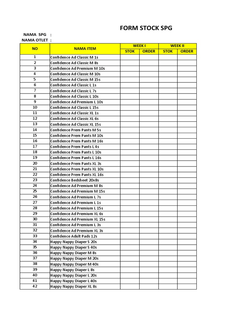 Form Stock SPG: Nama SPG Nama Otlet | PDF | Diaper | Home