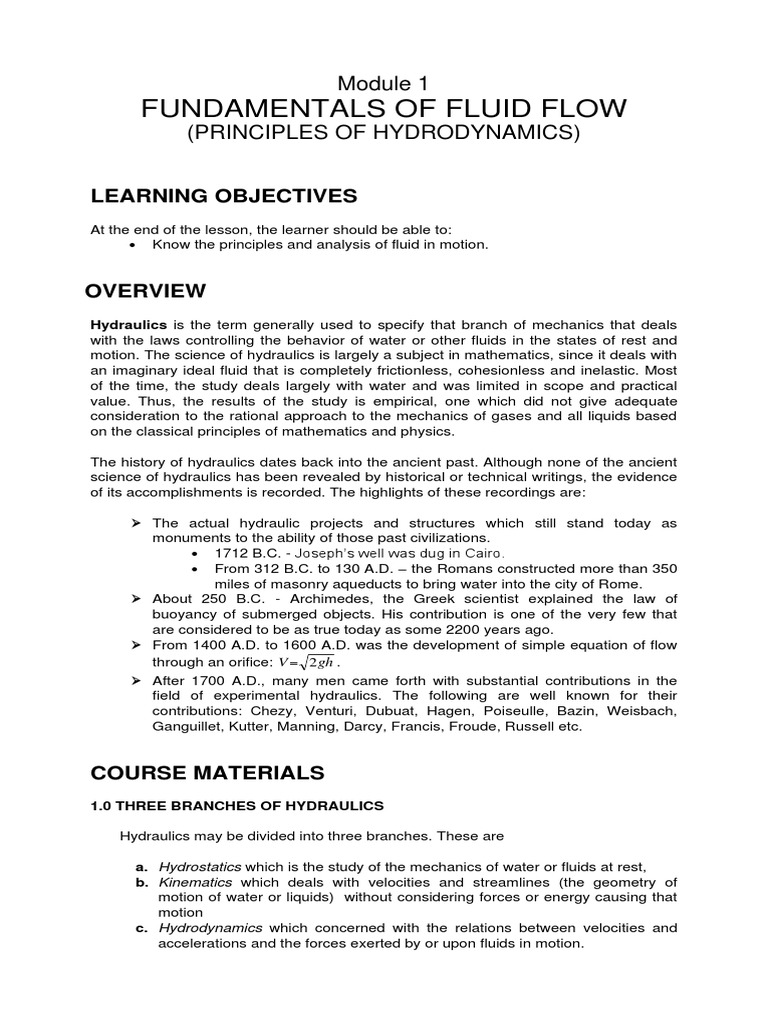 Module 1 - Fundamentals of Fluid Flow | PDF | Fluid Dynamics | Fluid Mechanics