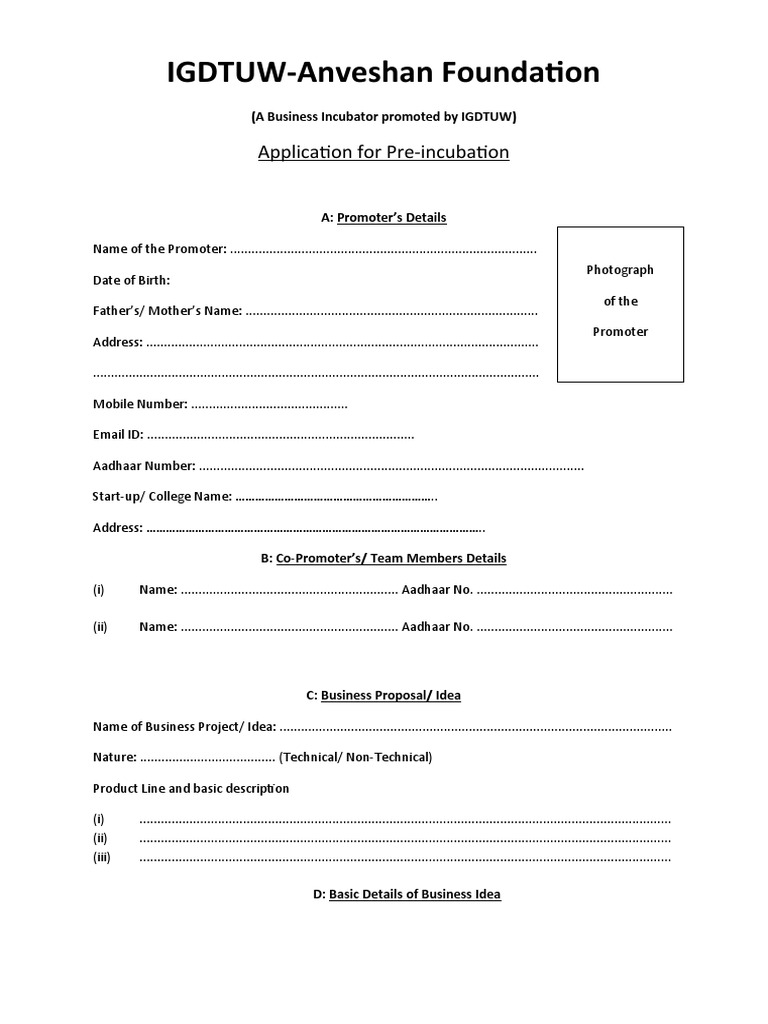 IGDTUW Pre-Incubation Application Form | PDF | Business | Computing And ...