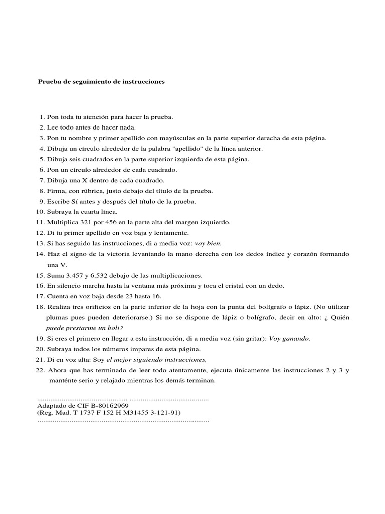 Prueba de Seguimiento de Instrucciones | PDF