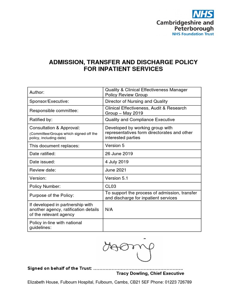 Admission, Transfer, and Discharge Policy | PDF | Patient | Caregiver