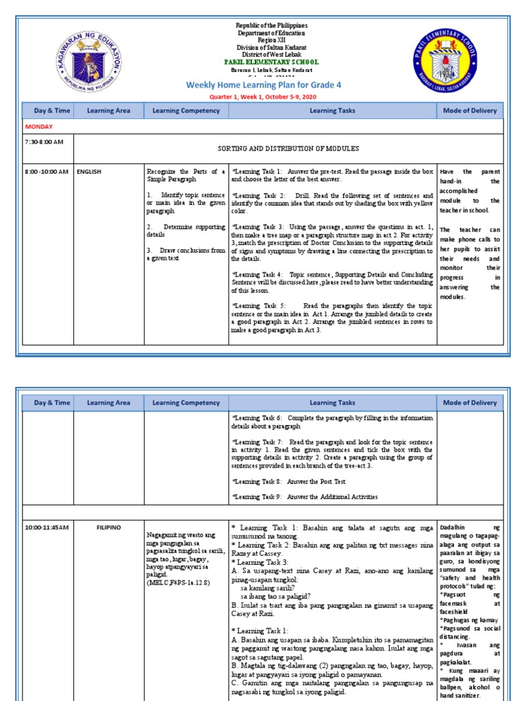 Weekly Home Learning Plan For Grade 4: Learning Area Learning ...