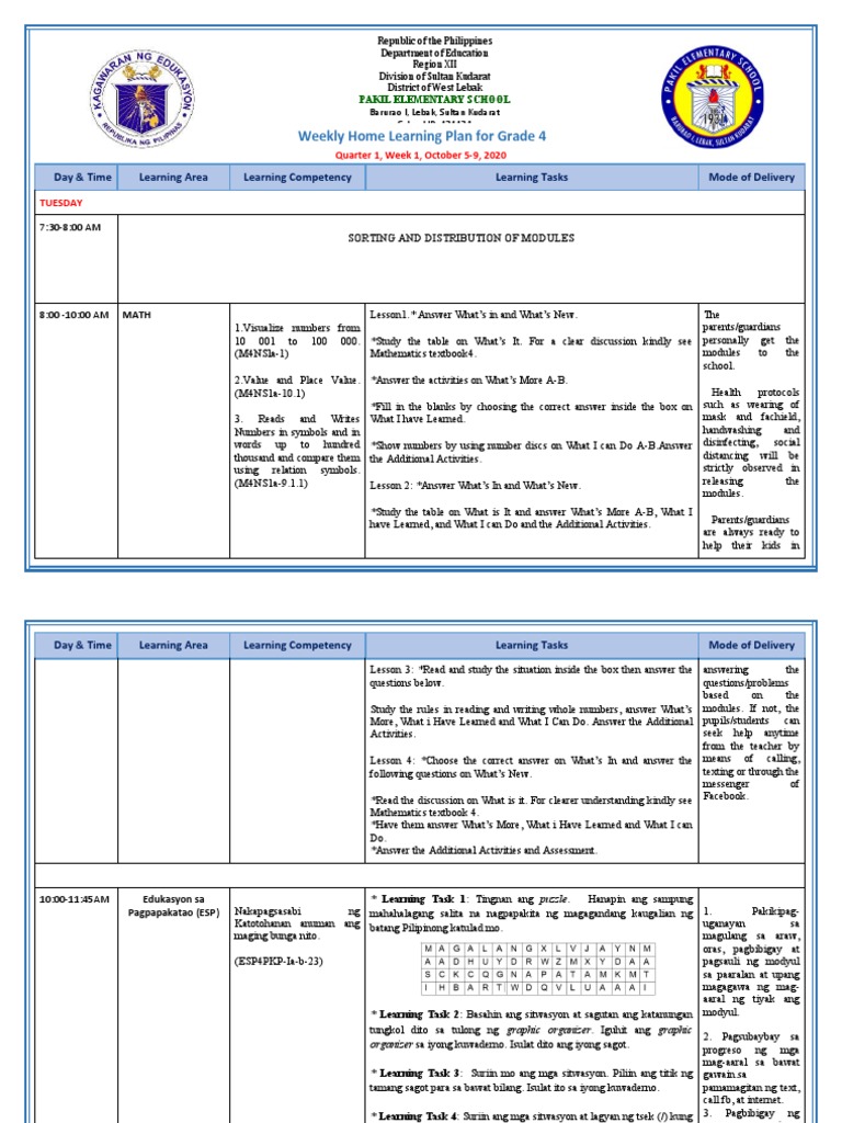 Weekly Home Learning Plan For Grade 4: Learning Area Learning ...