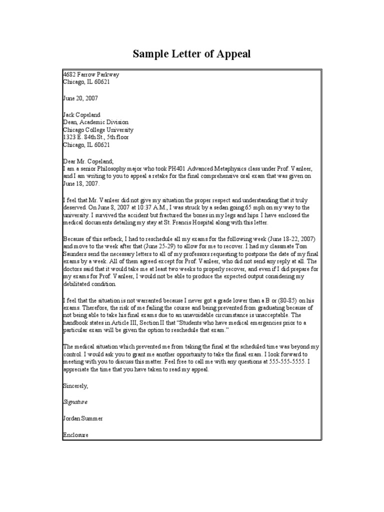 Sample Letter of Appeal: Signature | PDF | Paragraph | Writing