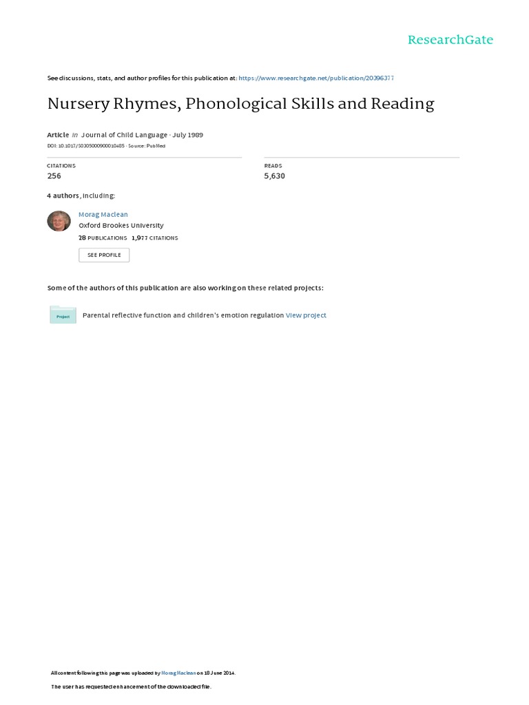 Nursery Rhymes, Phonological Skills and Reading: Journal of Child ...