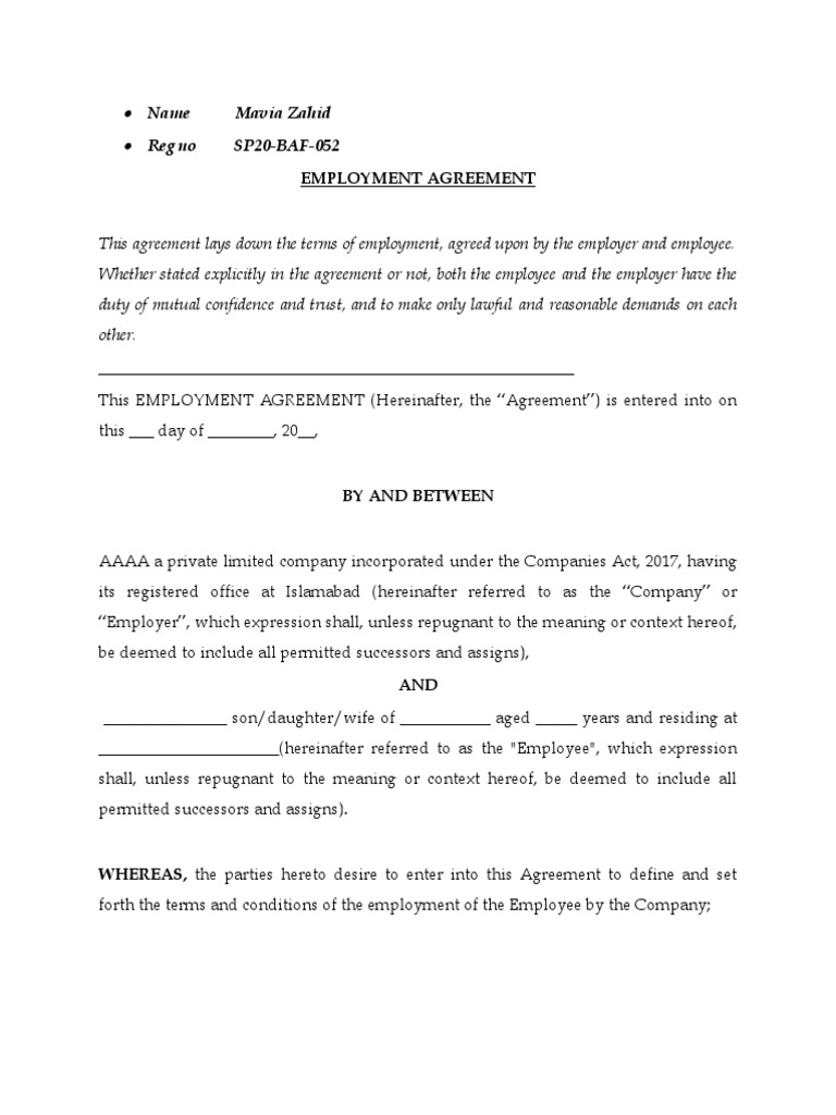 Contract Sample by Hasib H. Baig | PDF | Confidentiality | Employment