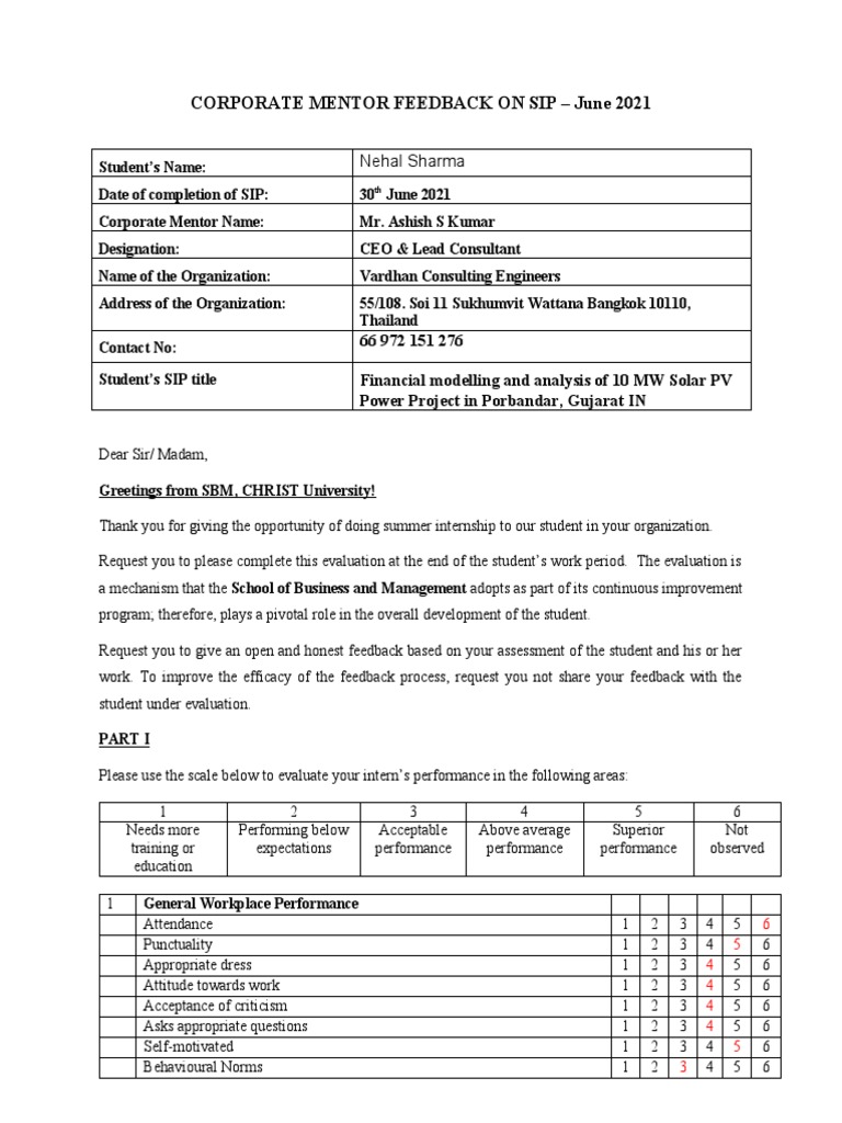 SIP-corporate Mentor Feedback Format | PDF | Applied Psychology ...